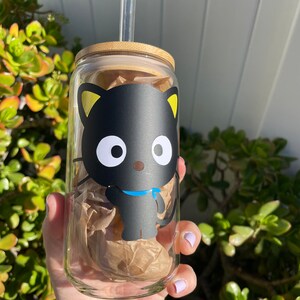 Chococat Aesthetic Glass Cup With Bamboo Lid and Glass Straw. - Etsy