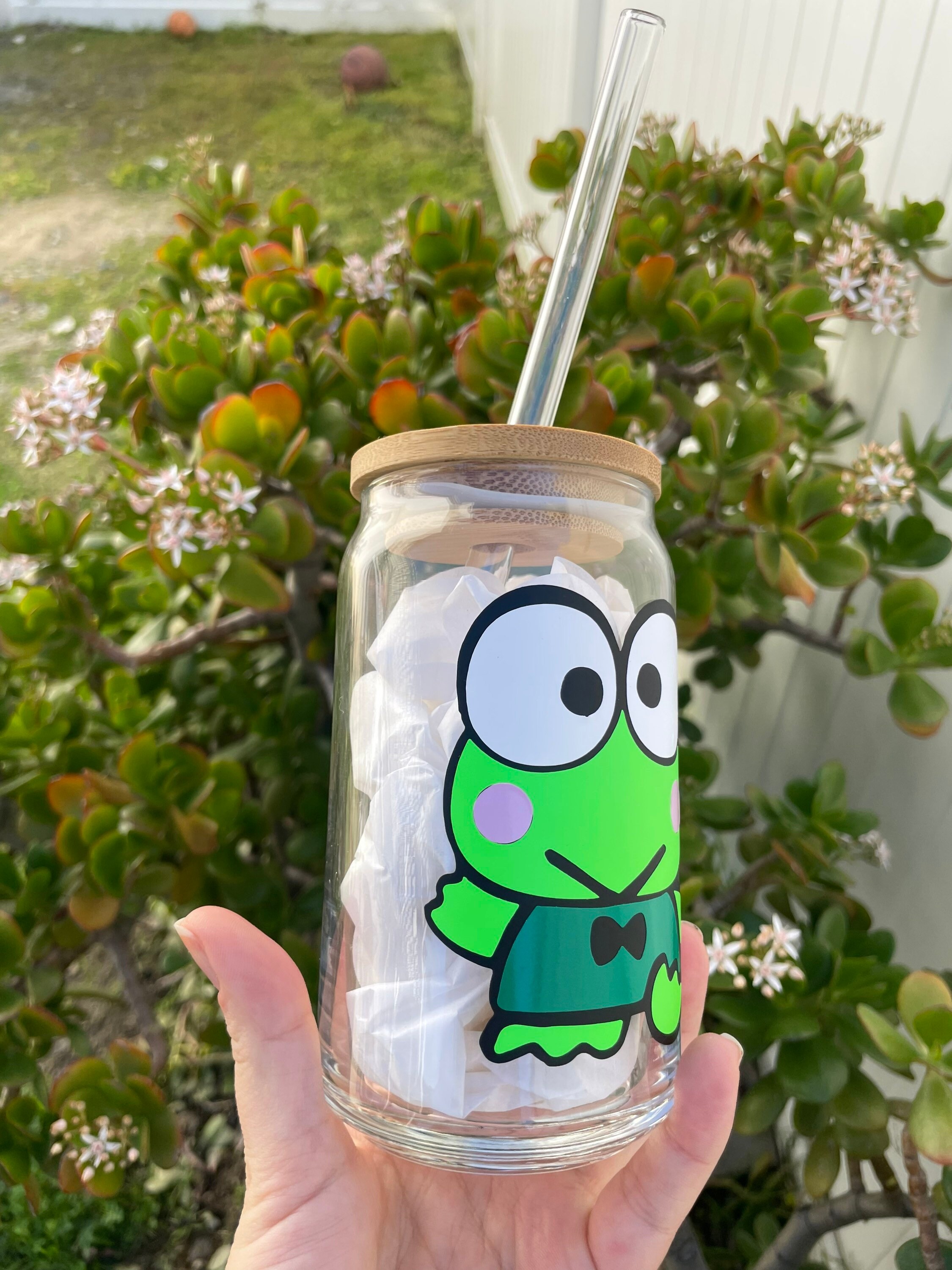Keroppi Aesthetic Glass Cup With Bamboo Lid and Straw - Etsy