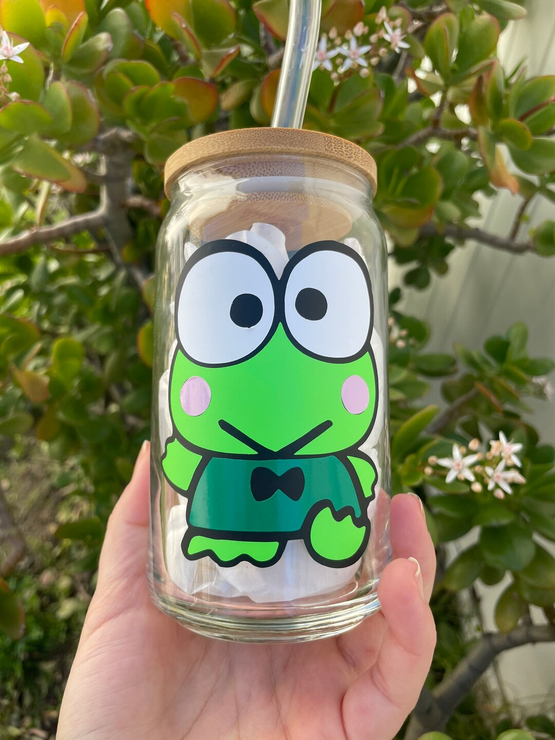 Keroppi Aesthetic Glass Cup With Bamboo Lid and Straw - Etsy