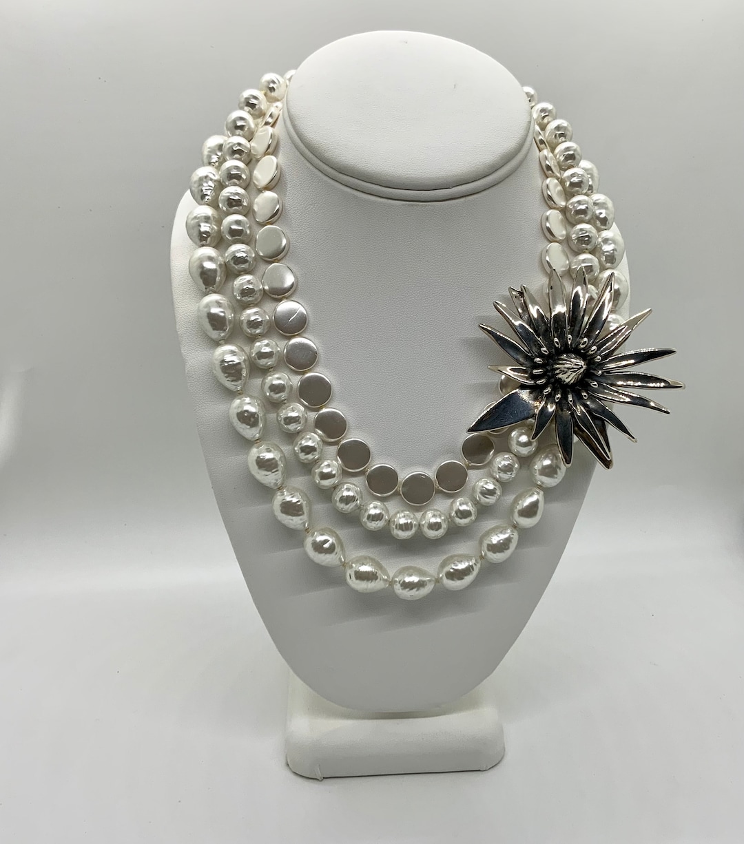 Simon Sebbag Statement Mixed Pearl Necklace With Sterling Silver Flower ...