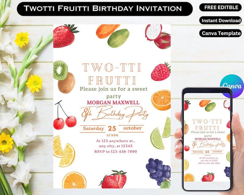 Two-tti Fruitti Birthday Invitation,tutti Fruitti Party,fruit Birthday ...