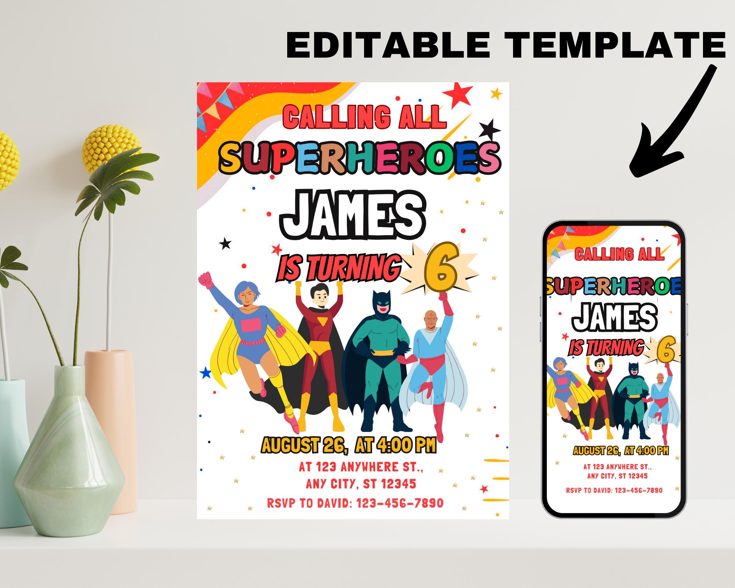 Editable Superheroes Birthday Invitation Template,printable Birthday ...