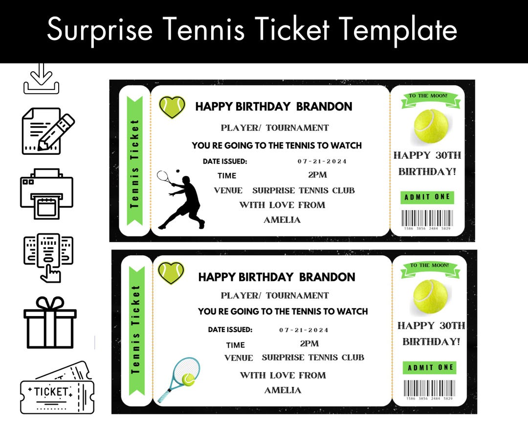 Tennis Ticket Template, Tennis Game Ticket, Birthday Tennis Ticket ...