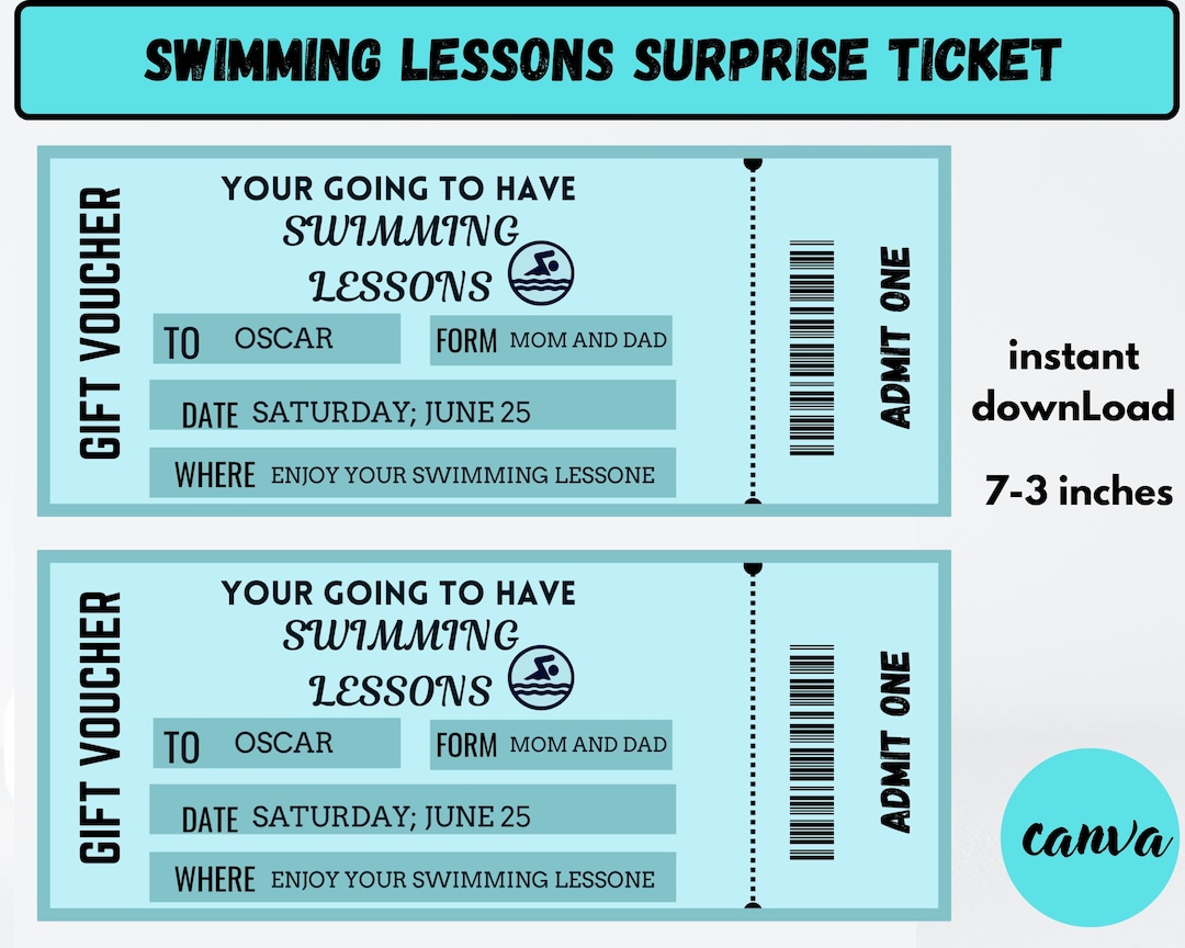 Swimming Lessons Surprise Reveal Ticket Template, Gift Voucher, Swim ...