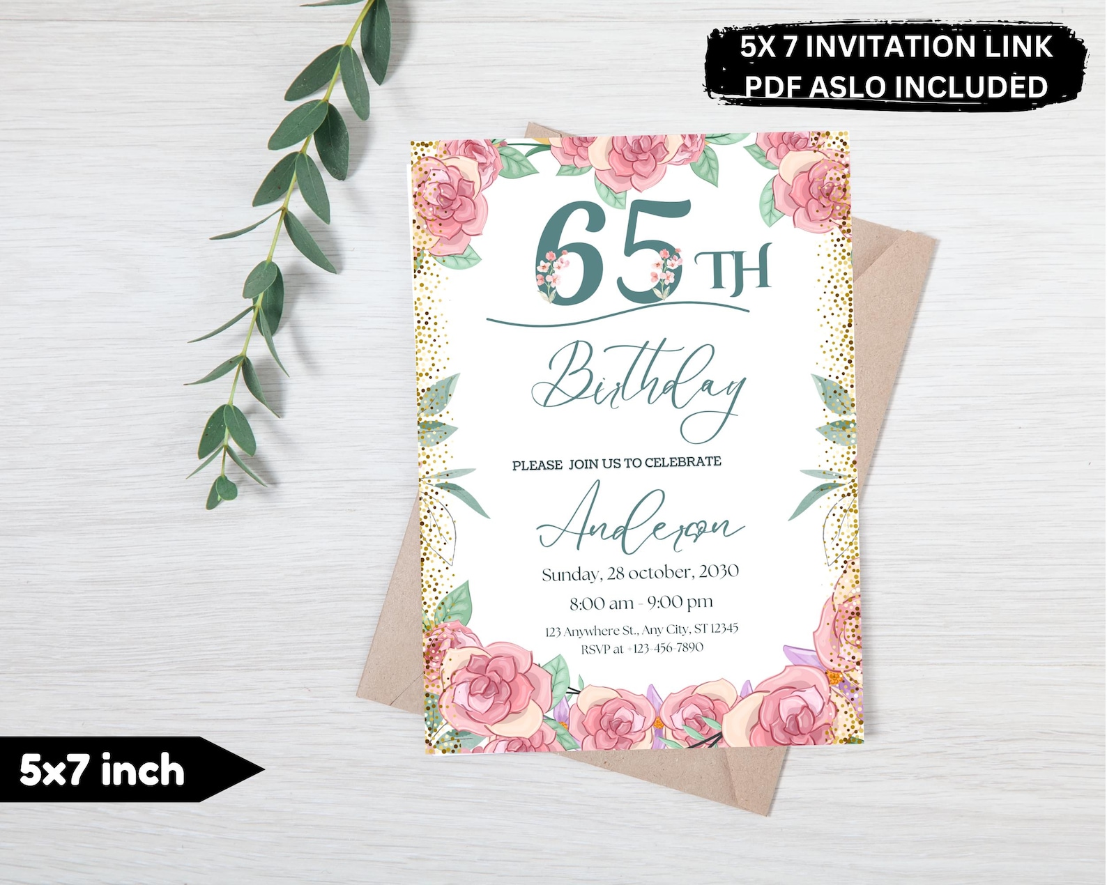 65th Birthday Invitation, Floral Birthday Invitation, Green and Pink ...