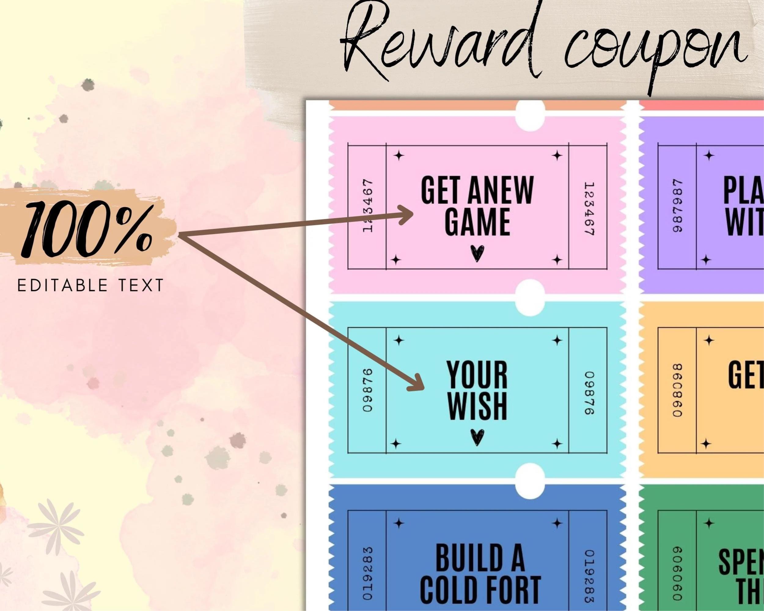 Reward Coupons for Kids, Chore Reward Coupon, Reward Tickets, Reward ...