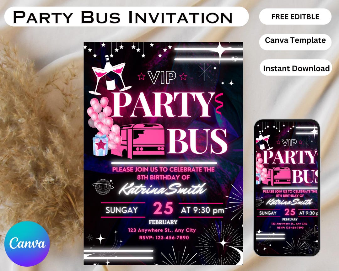 Party Bus Invitation,pink Party Bus Birthday Invitation Girls,editable ...