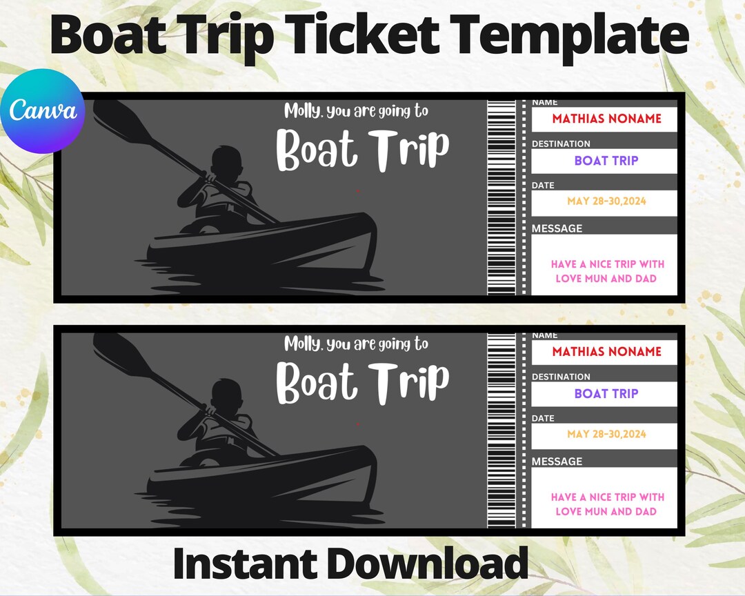 Boat Trip Ticket Template, Boat Tour Gift Ticket, Boat Trip Gift ...