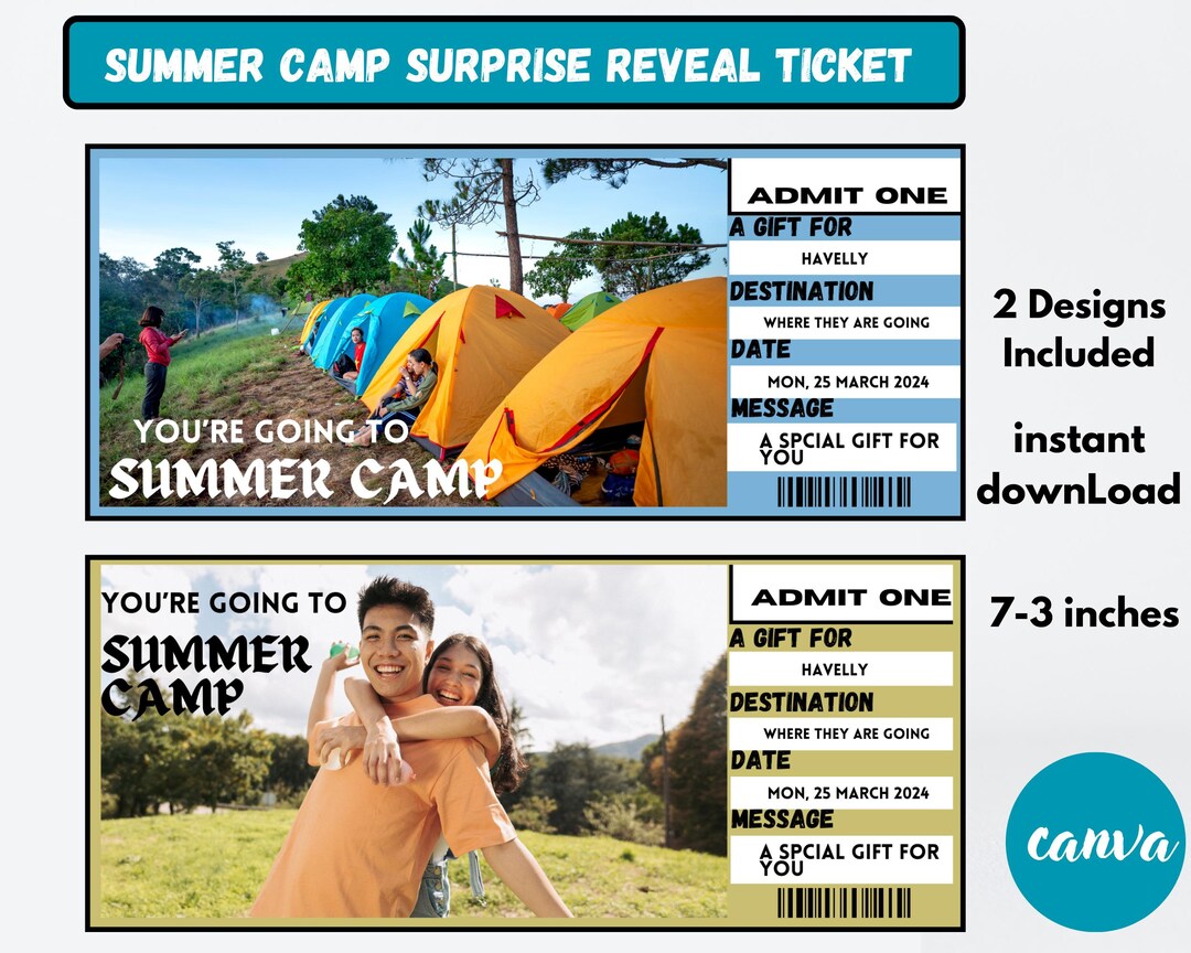 Summer Camp Surprise Reveal Ticket Template, Gift Voucher, Editable ...