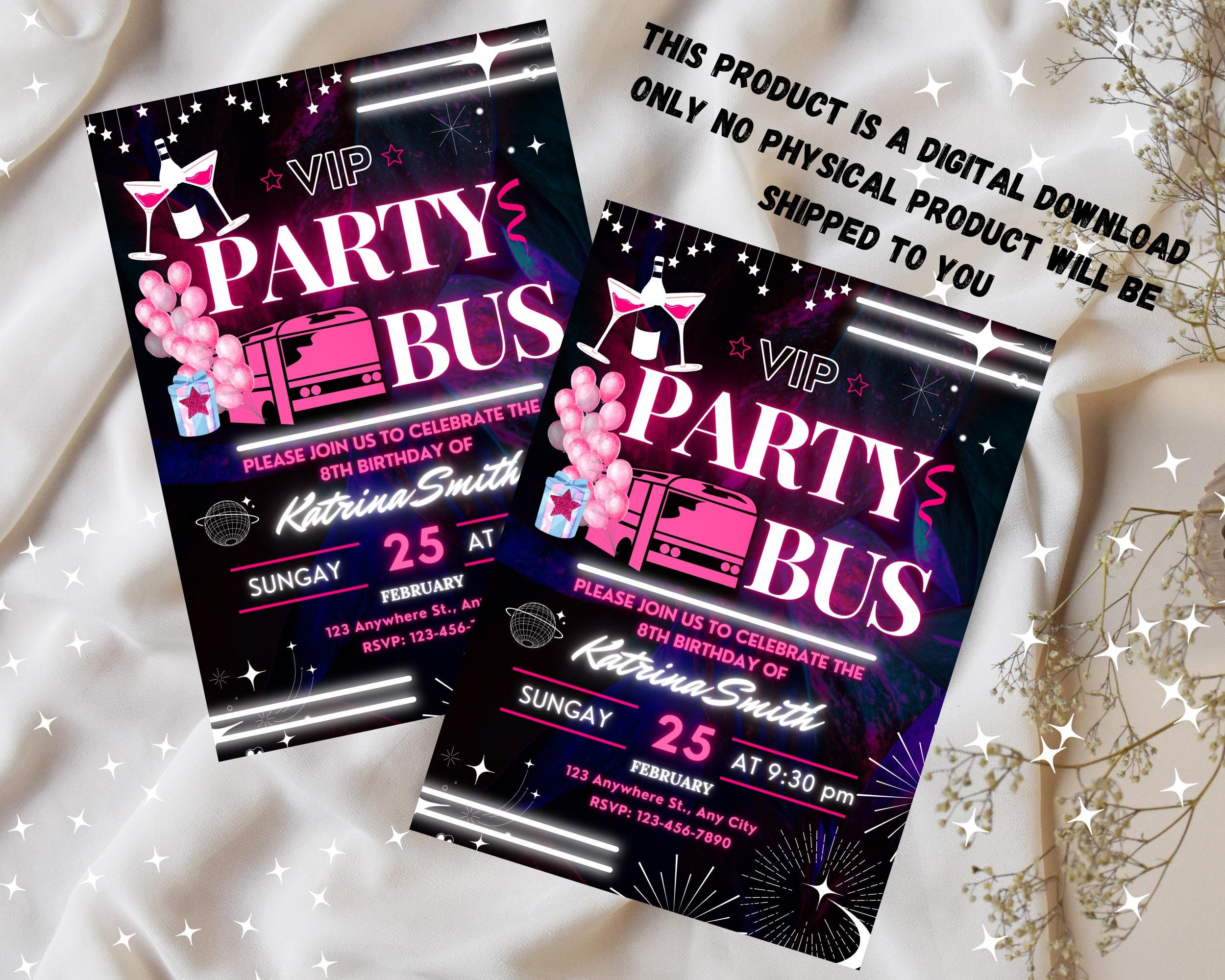 Editable Party Bus Invitation, Pink Party Bus Birthday Invitation Girls ...
