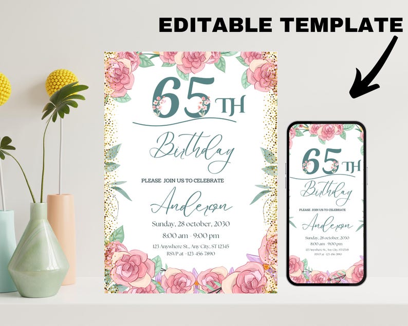65th Birthday Invitation, Floral Birthday Invitation, Green and Pink ...
