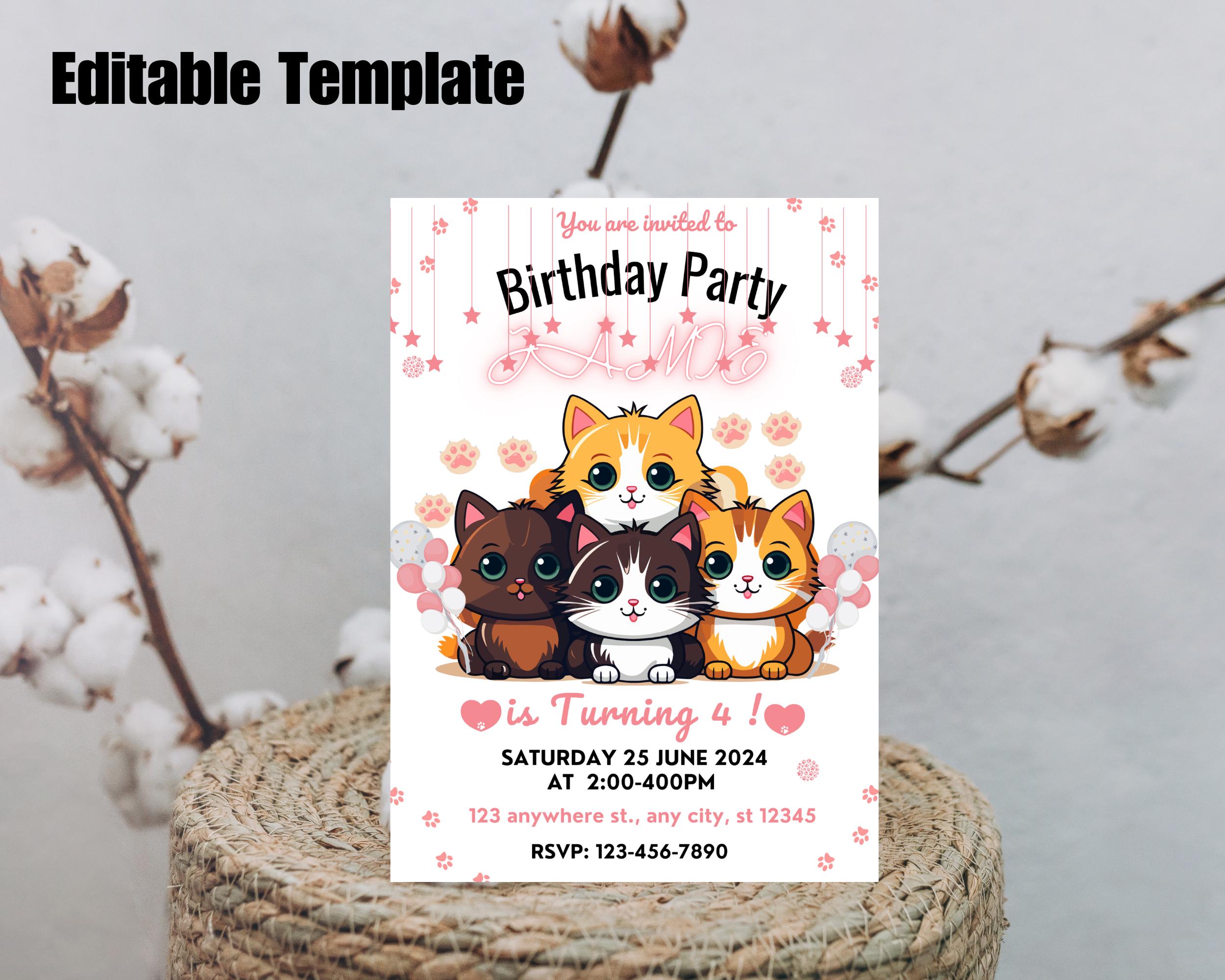 Cat Birthday Invitation, Printable Kitten Invite, Pet Invitations, Cute ...