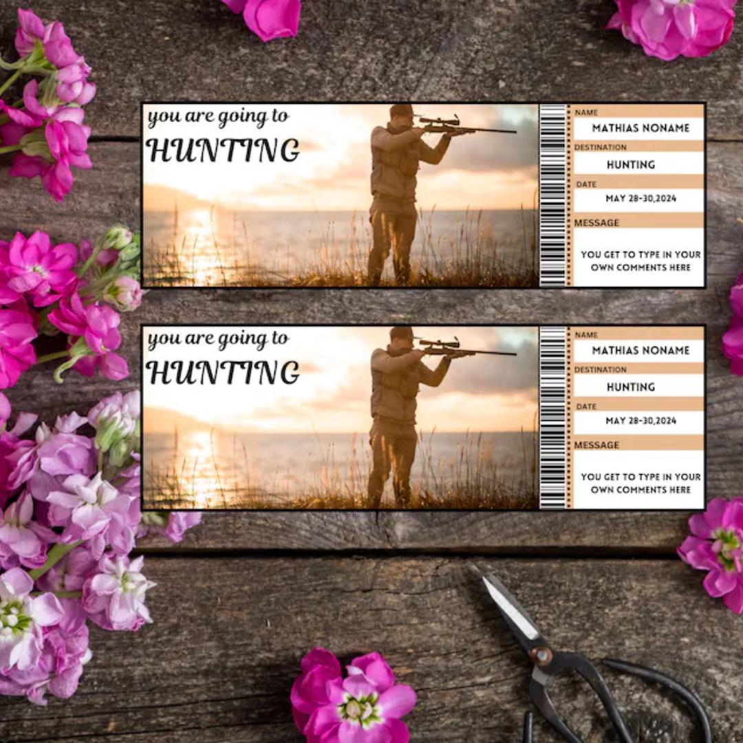 Printable Hunting Trip Surprise Ticket, Surprise Vacation Trip Ticket ...