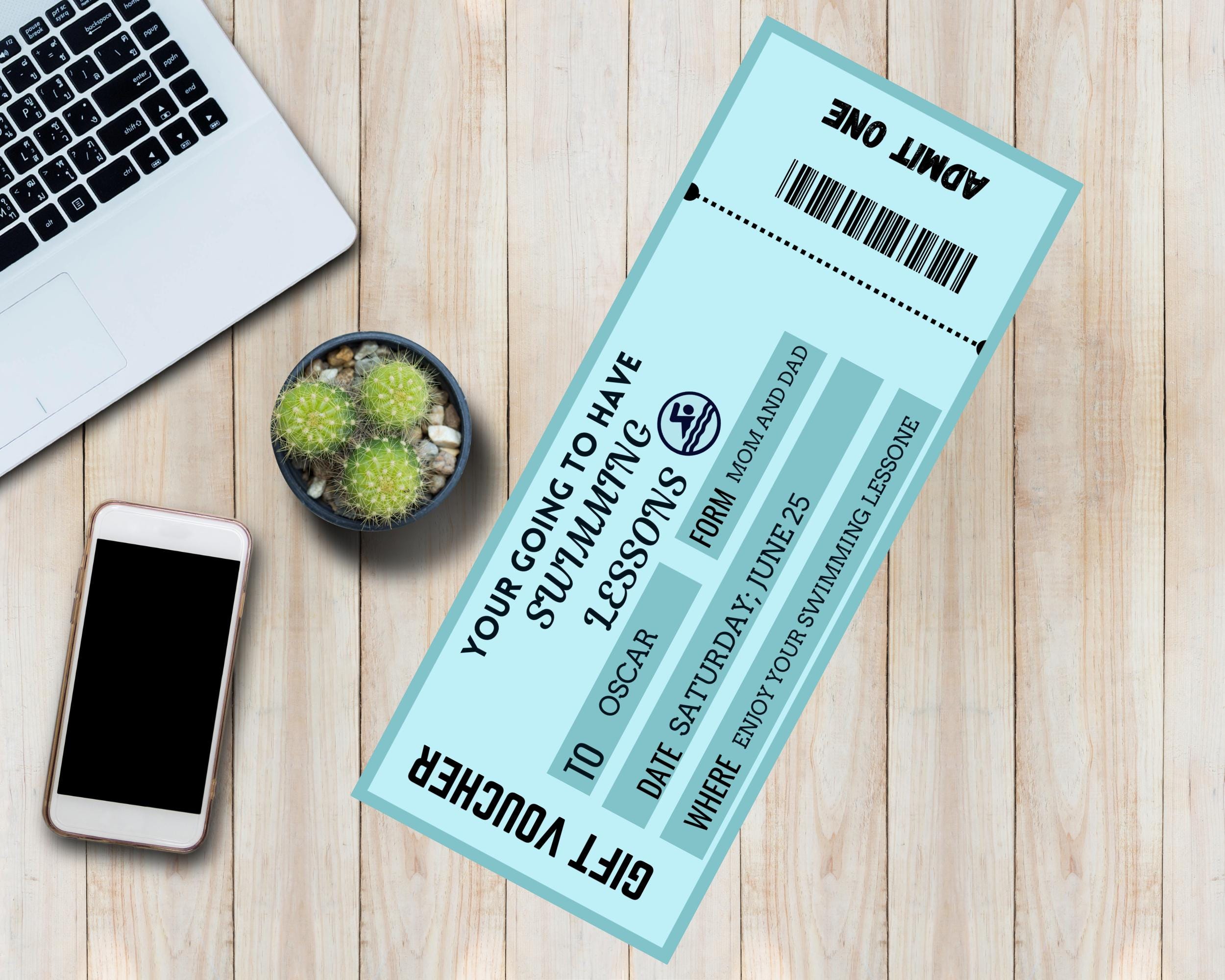 Swimming Lessons Surprise Reveal Ticket Template, Gift Voucher, Swim ...