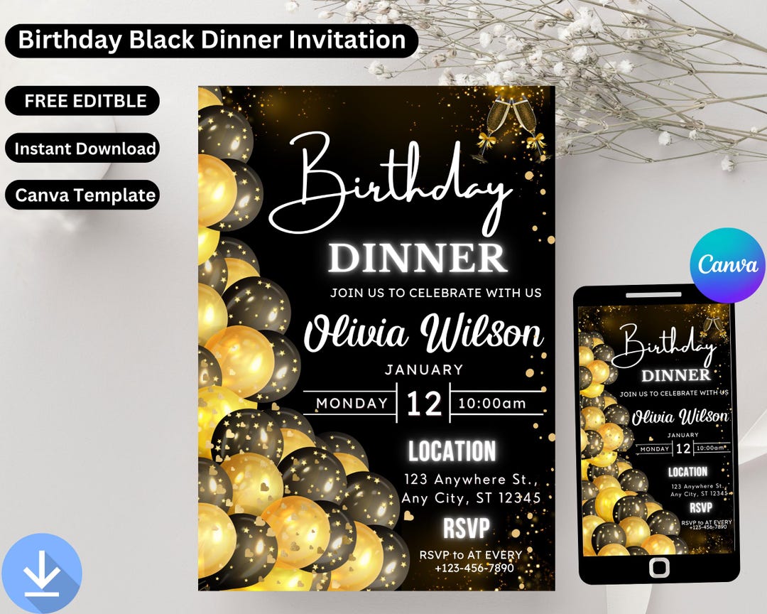 Birthday Black Dinner Invitation, Black Dinner Party Invite, Animated ...