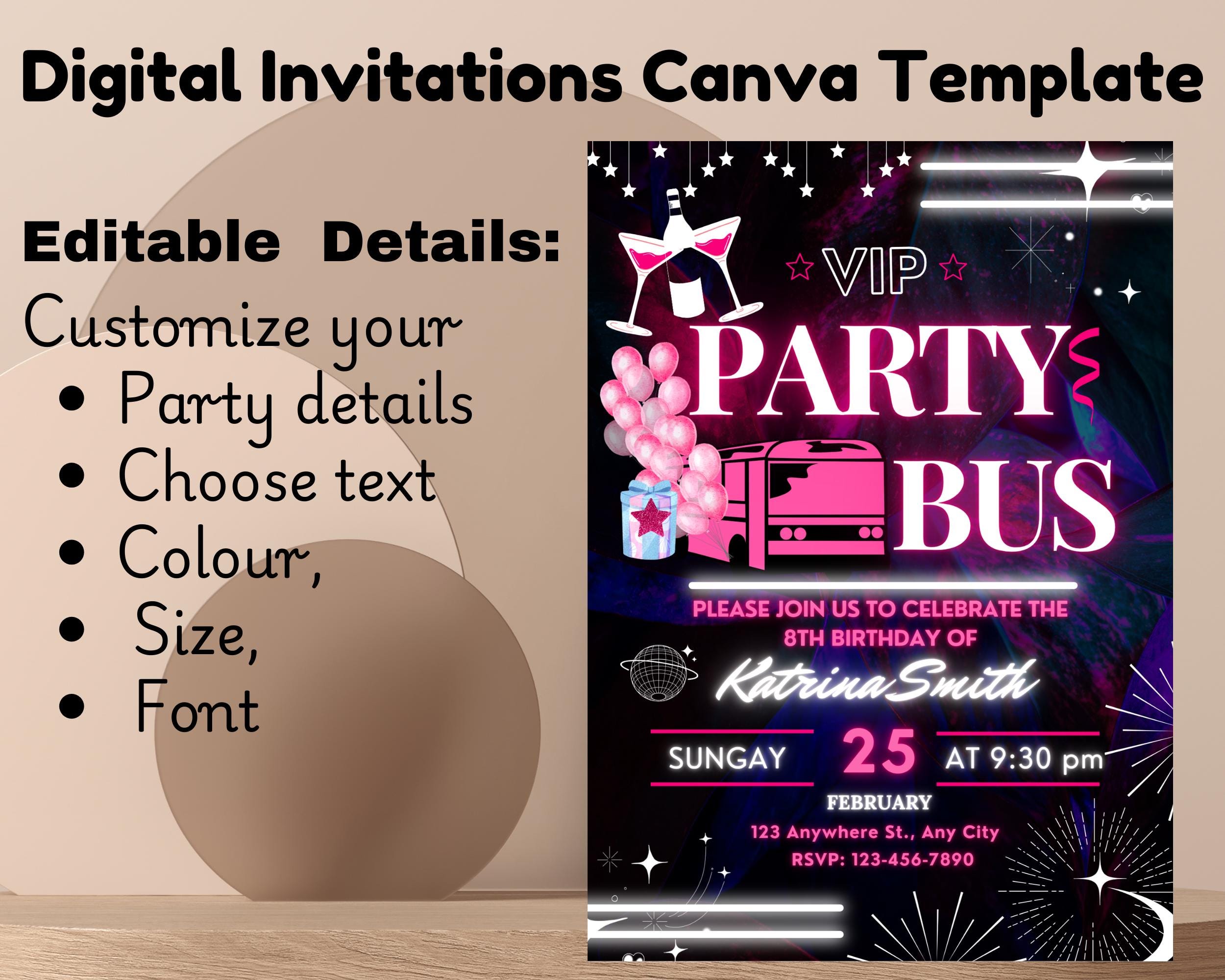 Editable Party Bus Invitation, Pink Party Bus Birthday Invitation Girls ...