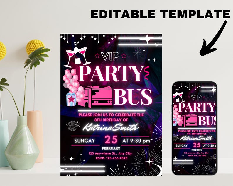Editable Party Bus Invitation, Pink Party Bus Birthday Invitation Girls ...