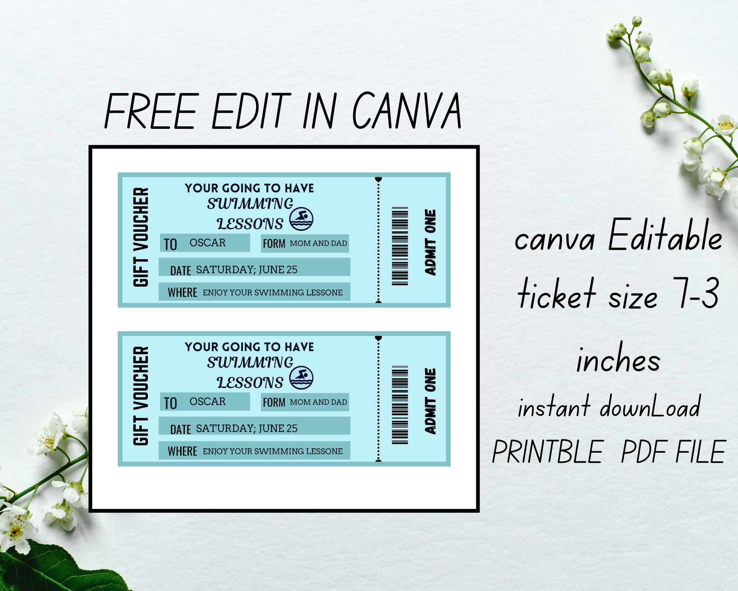 Swimming Lessons Surprise Reveal Ticket Template, Gift Voucher, Swim ...