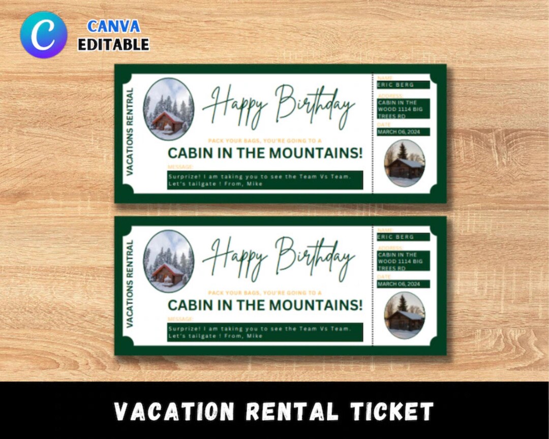 Editable Vacation Rental Ticket Template, Cabin Rental Gift Ticket ...