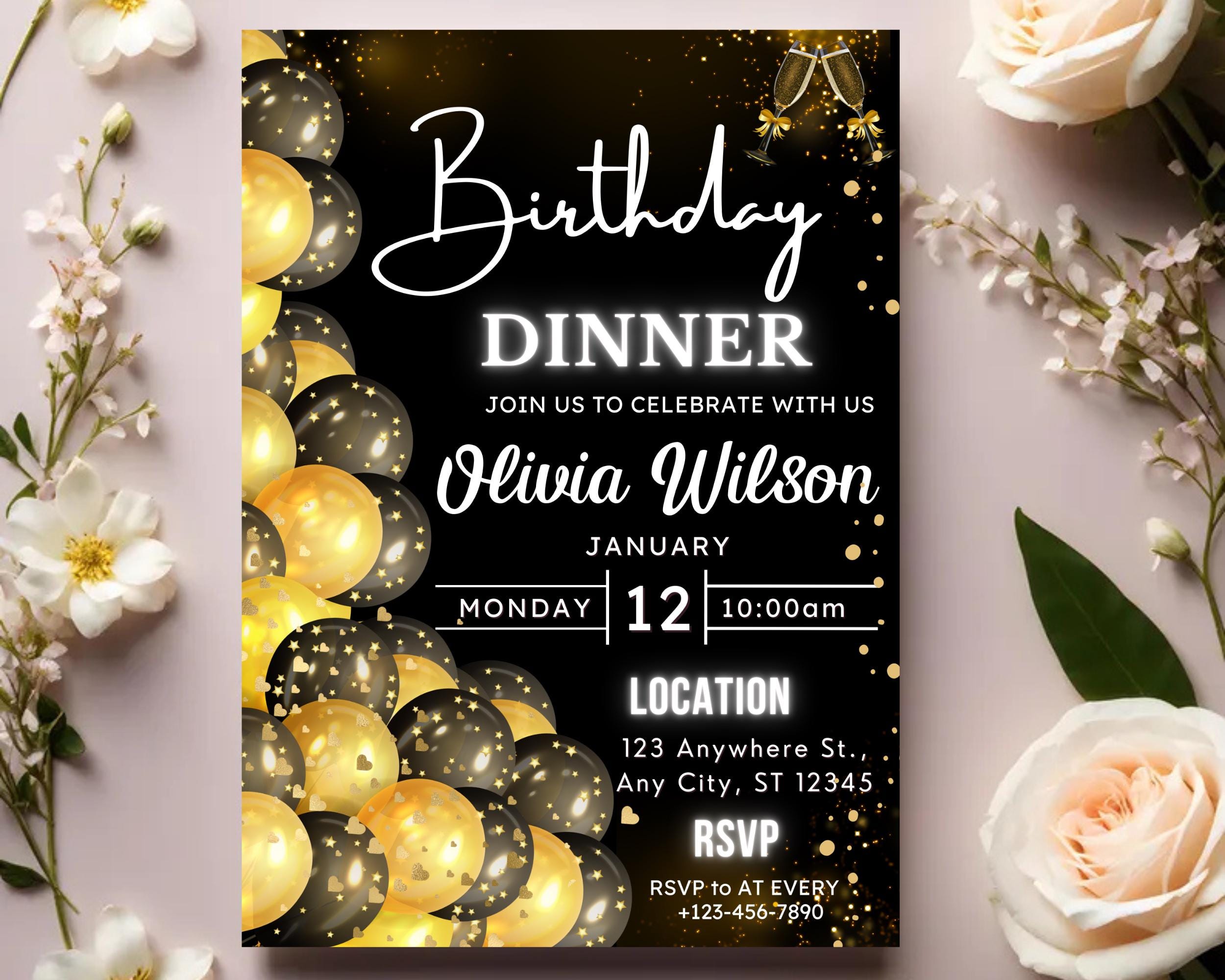 Birthday Black Dinner Invitation, Black Dinner Party Invite, Animated ...