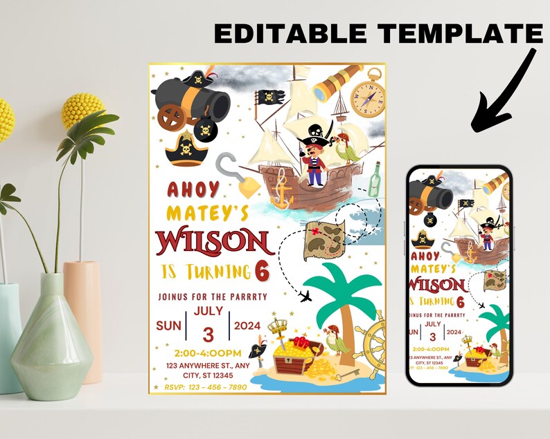 Editable Pirate Invitation, Pirate Birthday Invitation, Pirate Editable ...