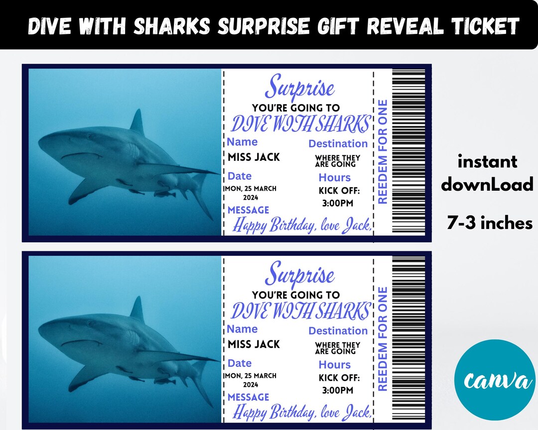 DIVE WITH SHARKS Surprise Gift Reveal Ticket Template, Gift Voucher ...