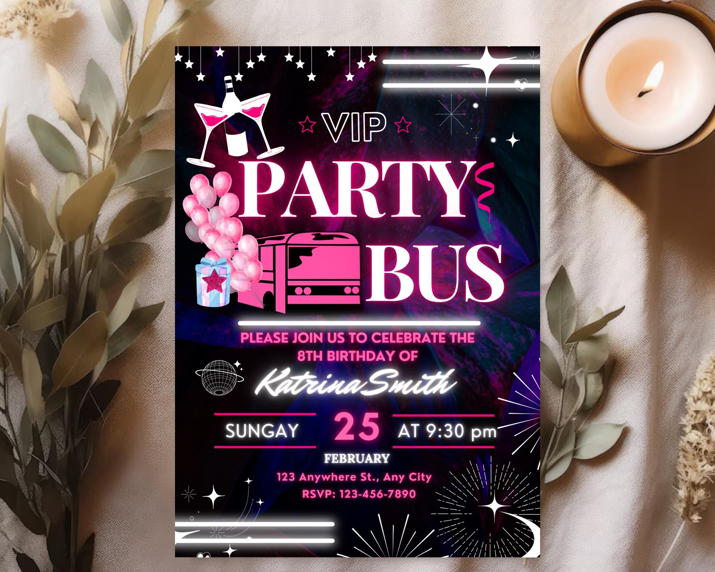 Editable Party Bus Invitation, Pink Party Bus Birthday Invitation Girls ...