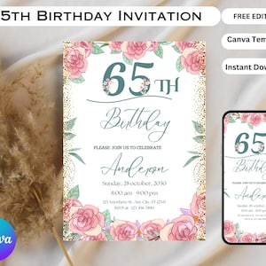65th Birthday Invitation, Floral Birthday Invitation, Green and Pink ...