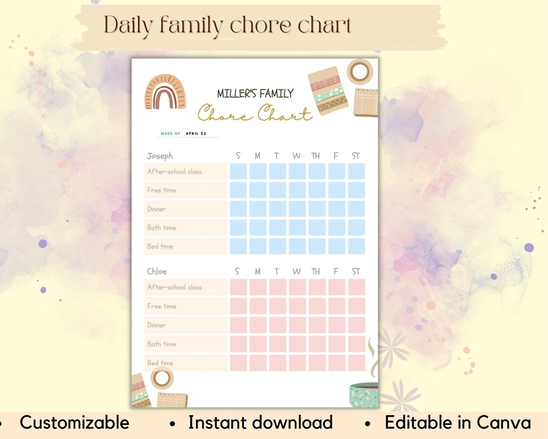 2 Kid Chore Chart, Edit Chore Charts for Teens, Checklist for Kids ...