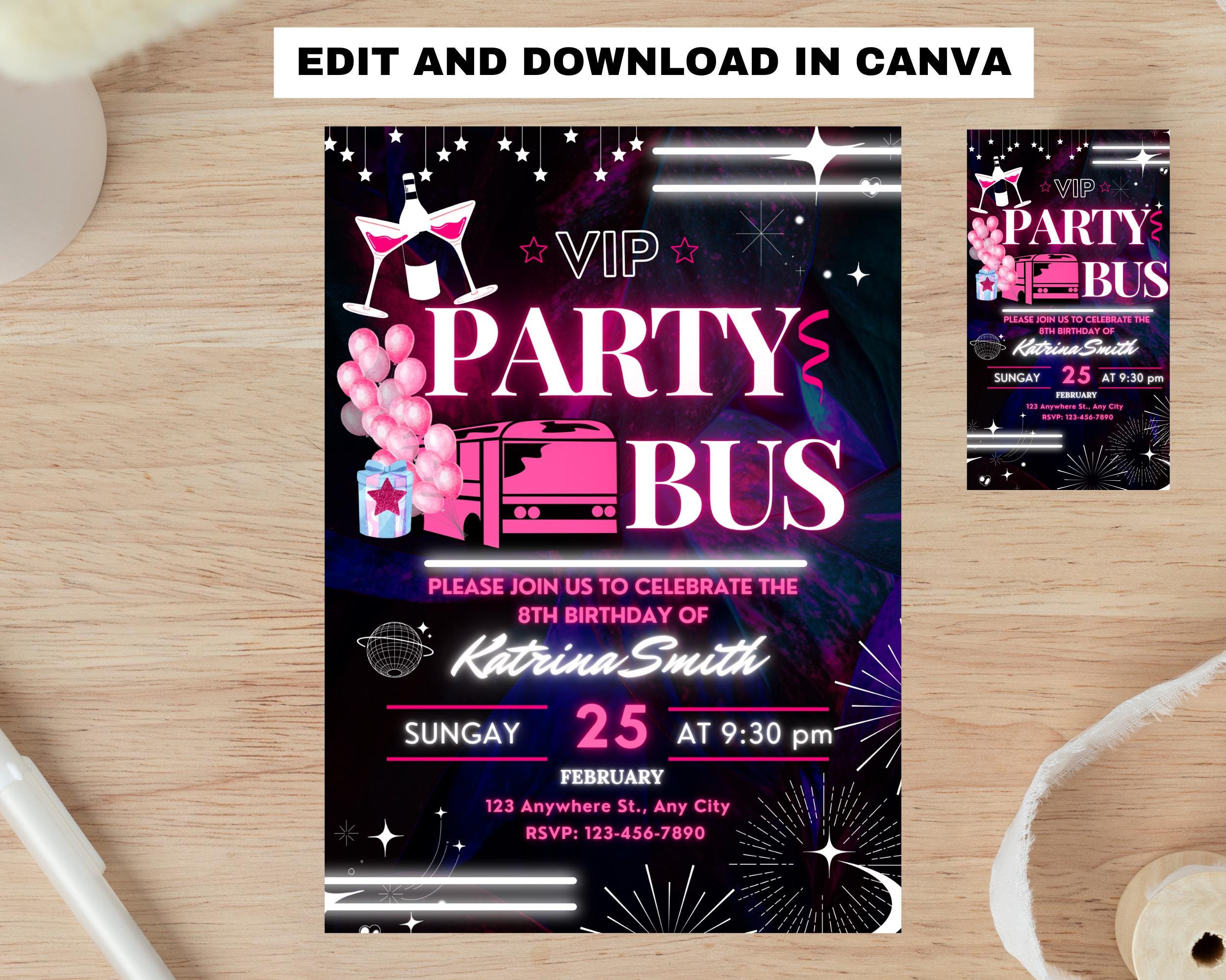 Editable Party Bus Invitation, Pink Party Bus Birthday Invitation Girls ...