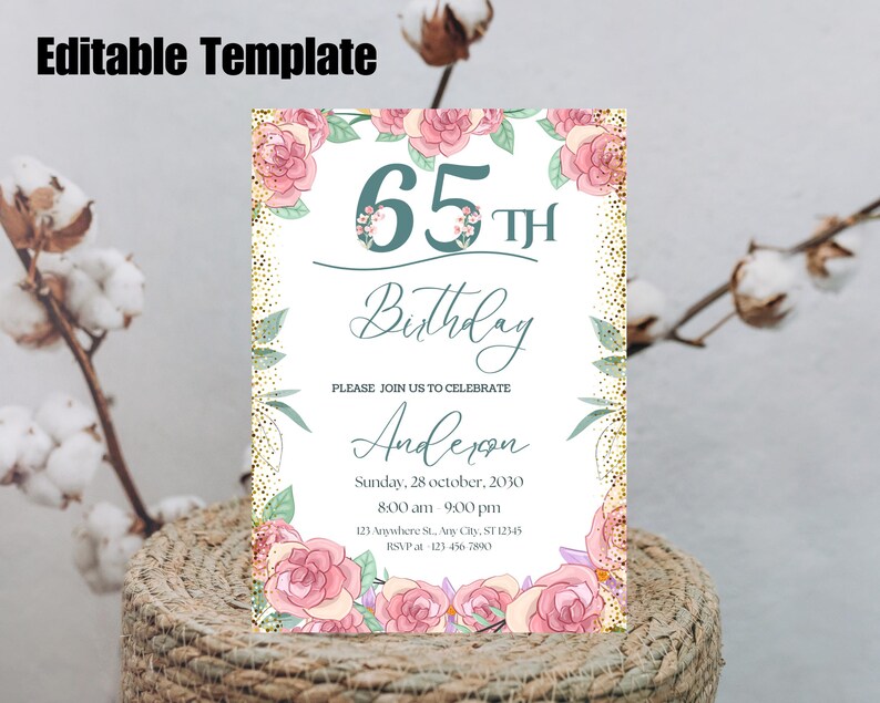 65th Birthday Invitation, Floral Birthday Invitation, Green and Pink ...