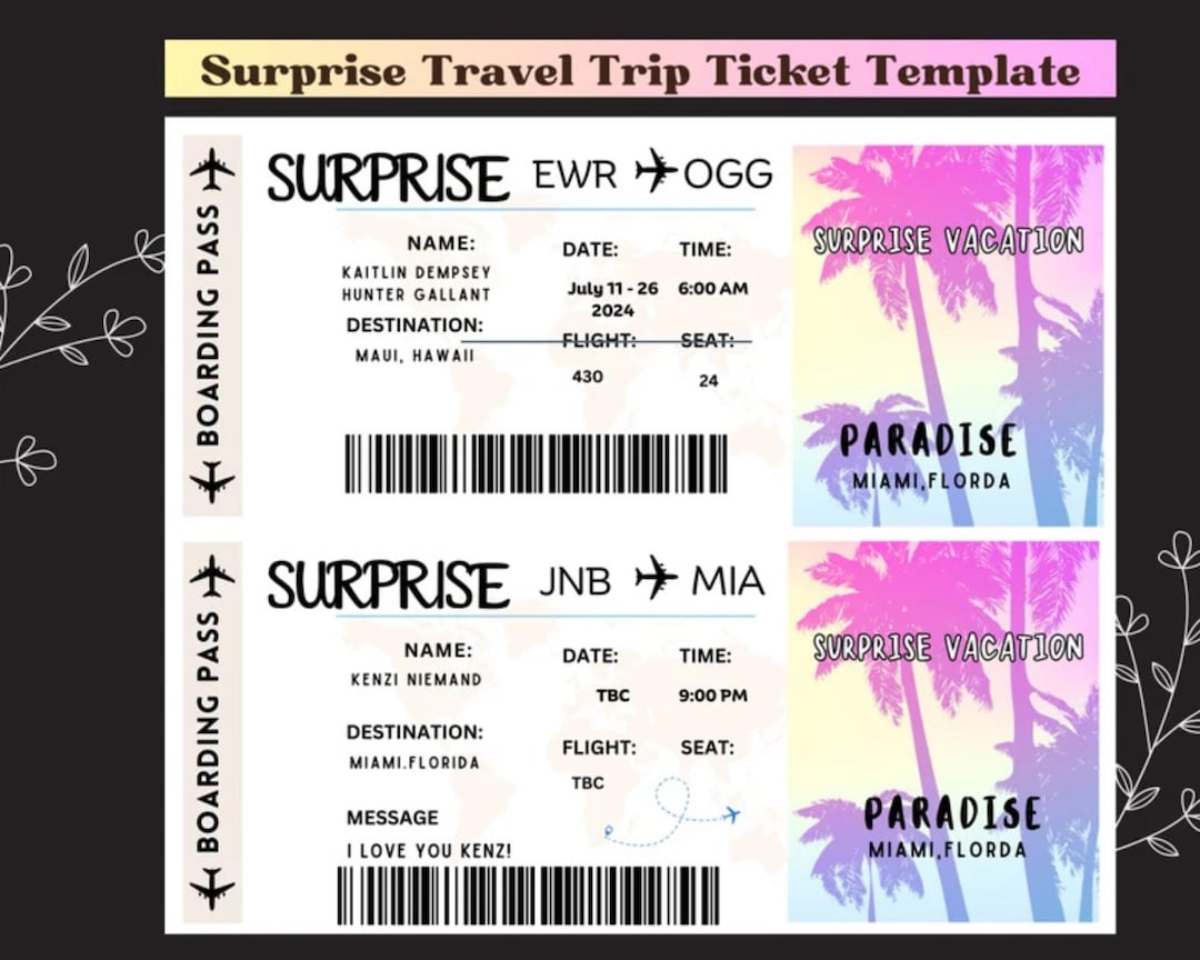 Surprise Travel Trip Ticket Template, Editable Boarding Pass, Printable ...
