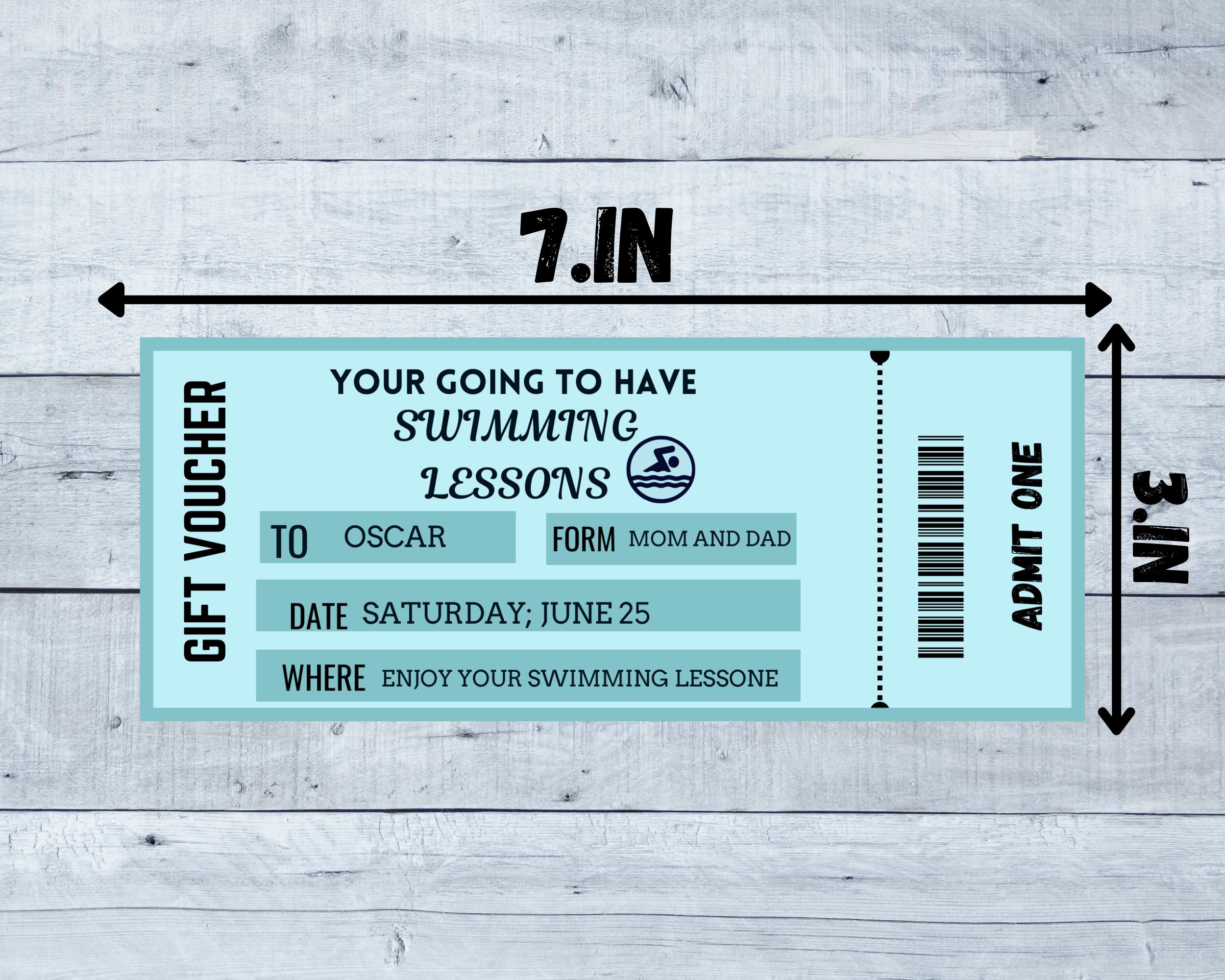 Swimming Lessons Surprise Reveal Ticket Template, Gift Voucher, Swim ...