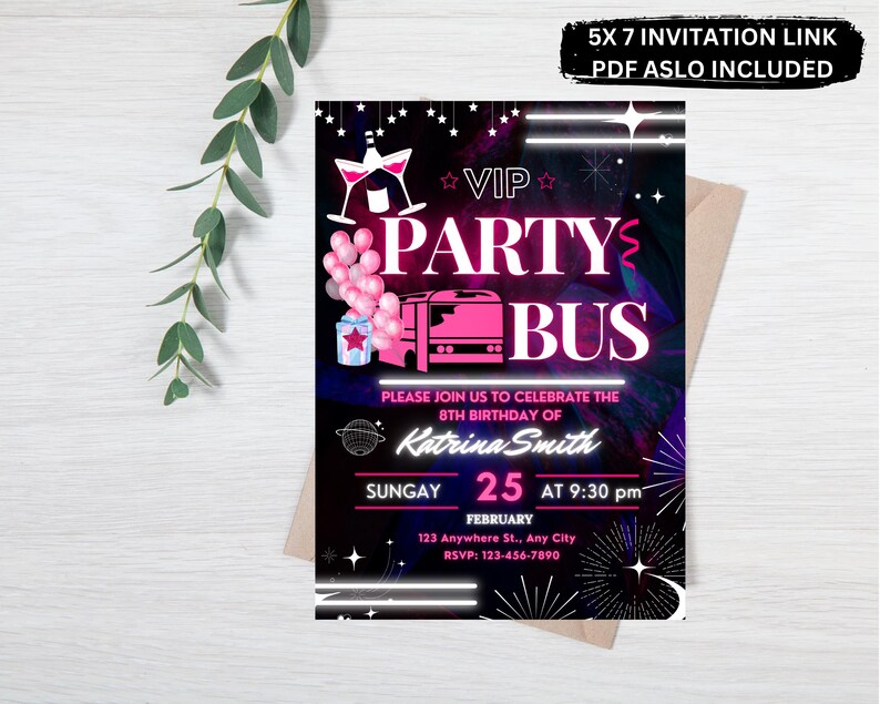 Editable Party Bus Invitation, Pink Party Bus Birthday Invitation Girls ...