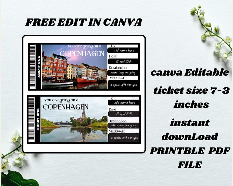 Copenhagen Surprise Trip Gift Ticket Template, Boarding Pass, Trip ...