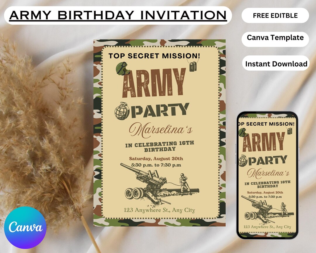 Editable Army Birthday Invitation, Military Party Invitations, Soldier ...