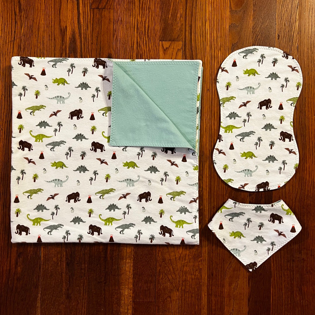 Dinosaur Flannel Baby Gift Set / Dinosaur Blanket, Burp Cloth, Bandana ...