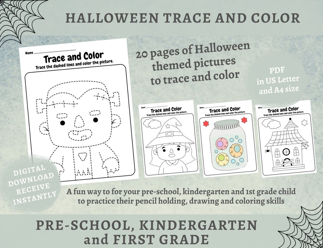 Halloween Trace and Color Sheets for Kindergarten-1st Grade, Halloween ...