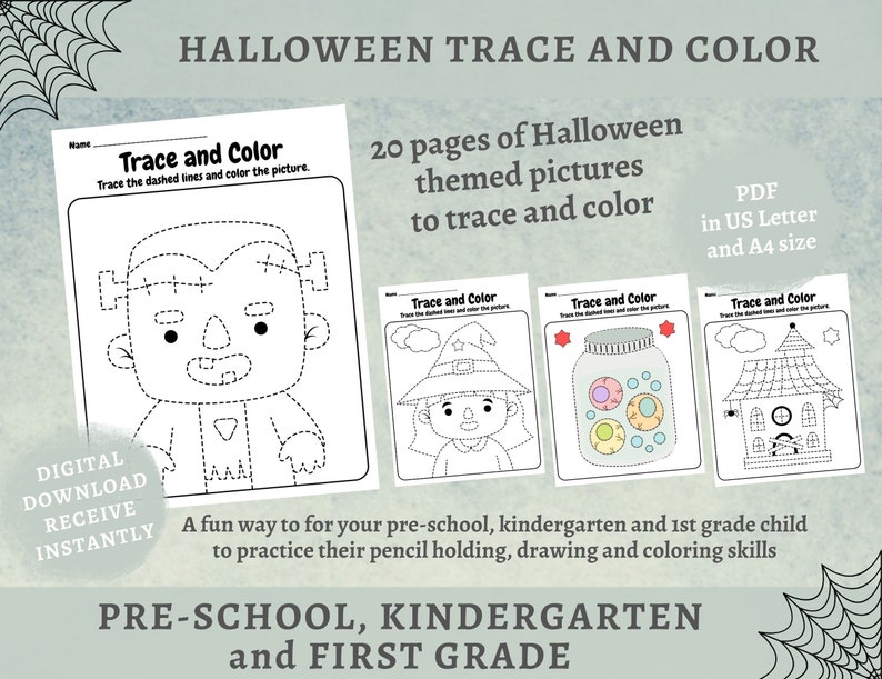 Halloween Trace and Color Sheets for Kindergarten-1st Grade, Halloween ...