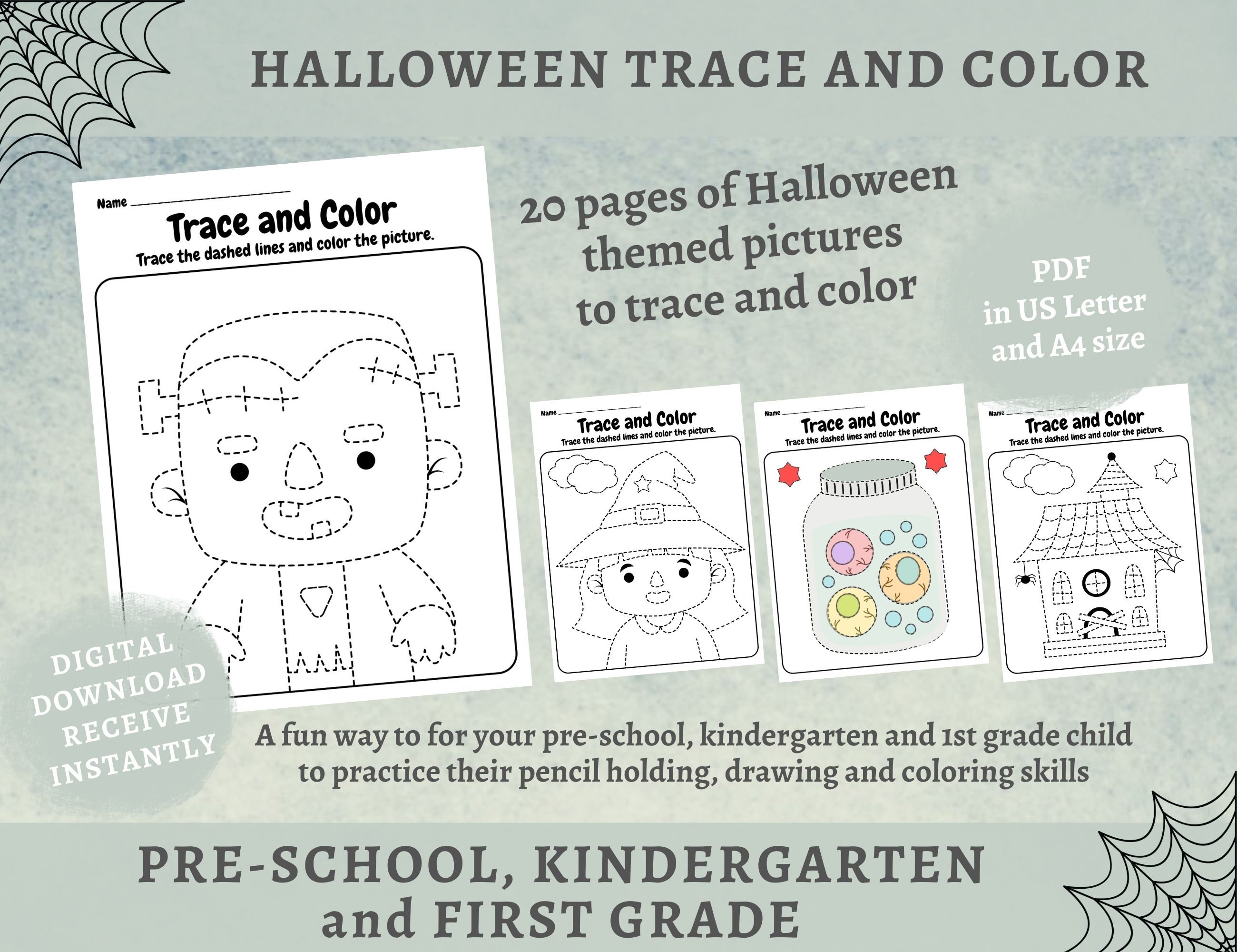 Halloween Trace and Color Sheets for Kindergarten-1st Grade, Halloween ...