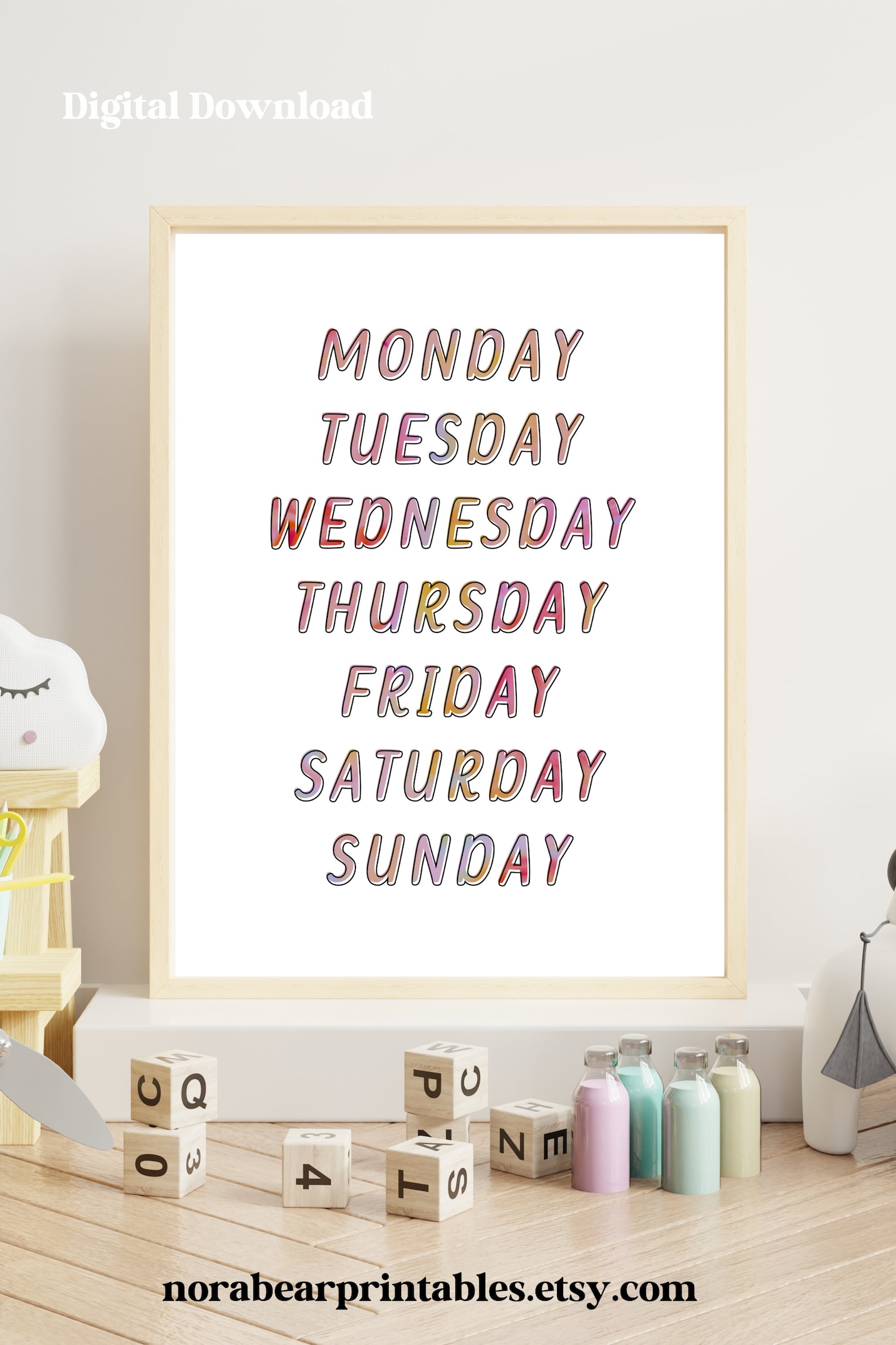 Days of the Week Poster | Educational Wall Art | Rainbow Text Printable ...