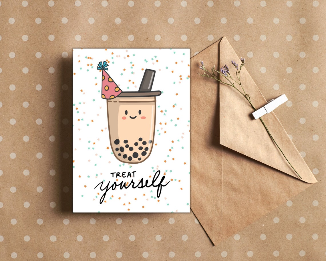 Printable Boba Birthday Card | PDF Instant Download | Treat Yourself ...