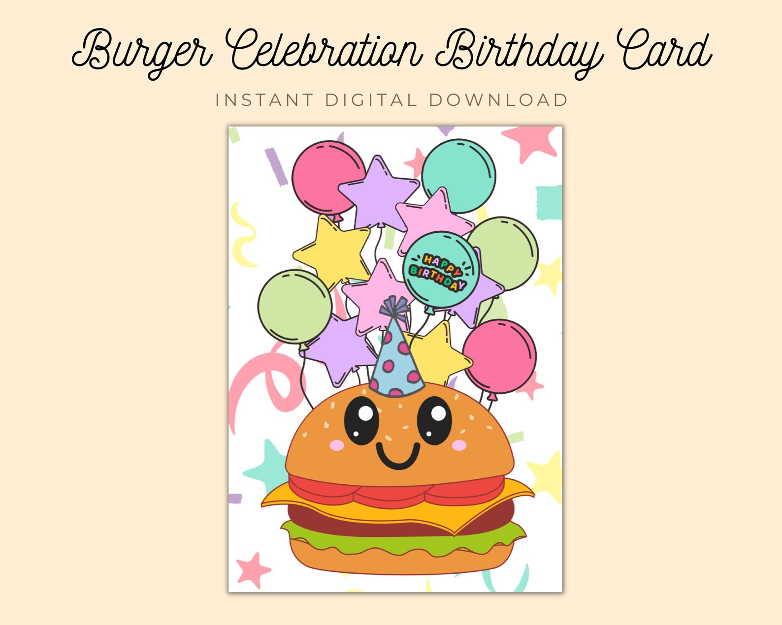Burger Birthday Card Printable | PDF Instant Download | Hamburger ...