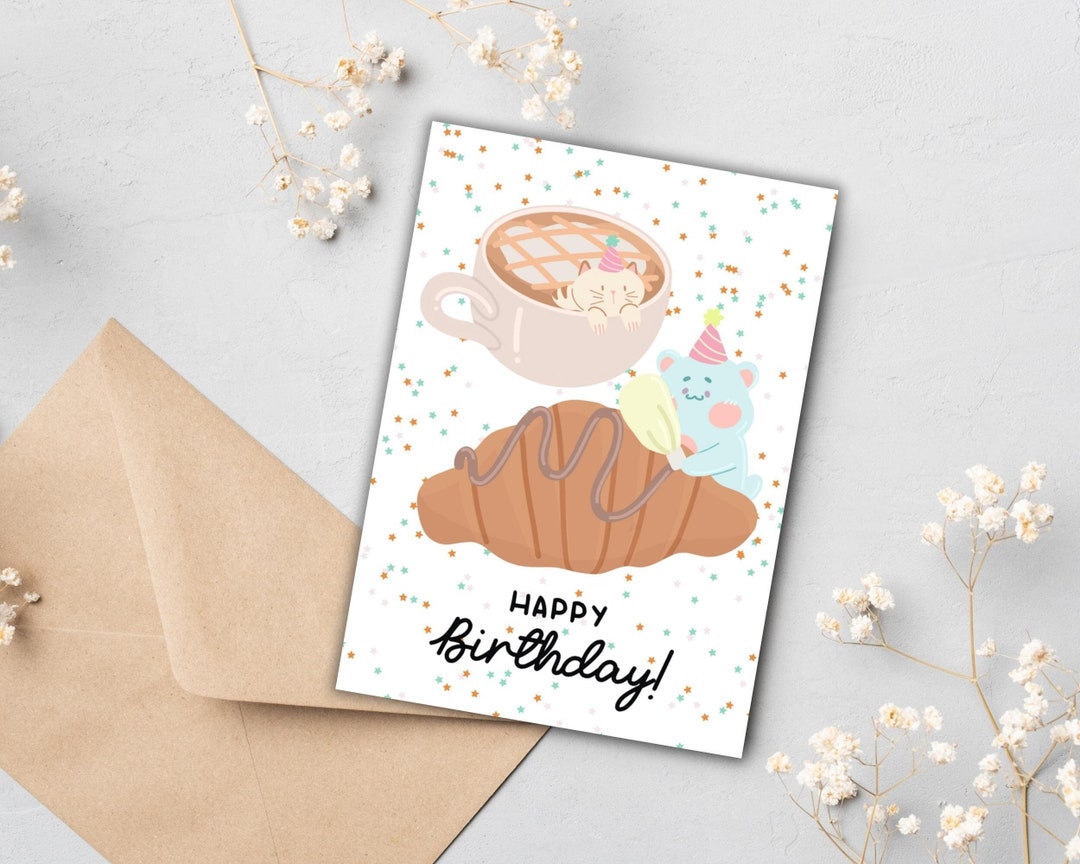 Coffee & Croissant Birthday Card | PDF Instant Download | Coffee ...