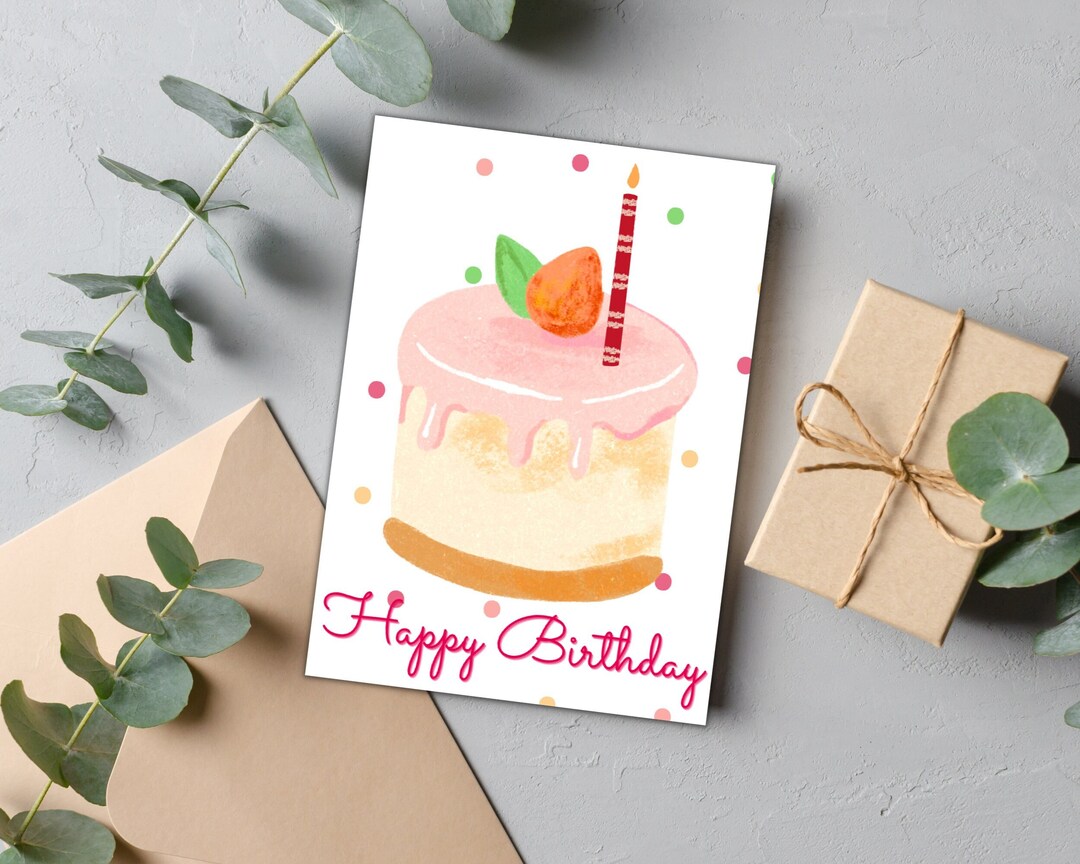 Strawberry Cake Birthday Card Printable PDF Instant Download Birthday ...