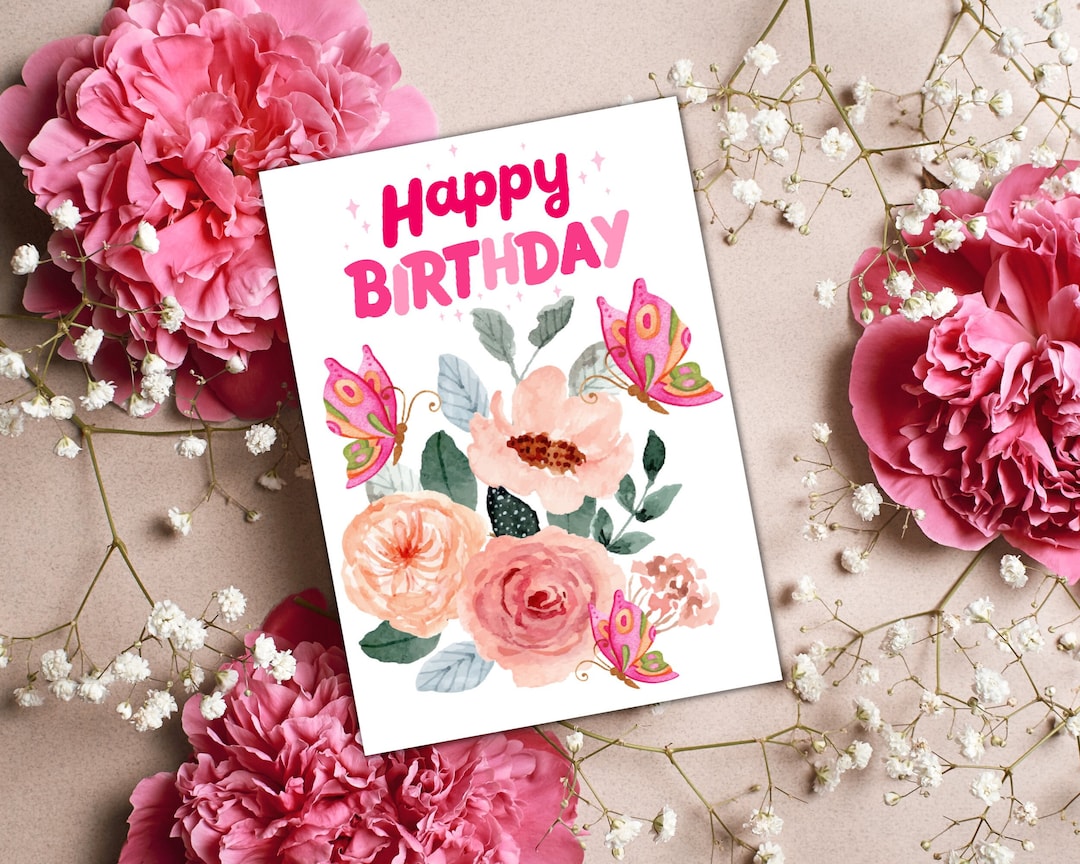 Pretty in Pink Flowers Birthday Card | PDF Instant Download, Pink ...