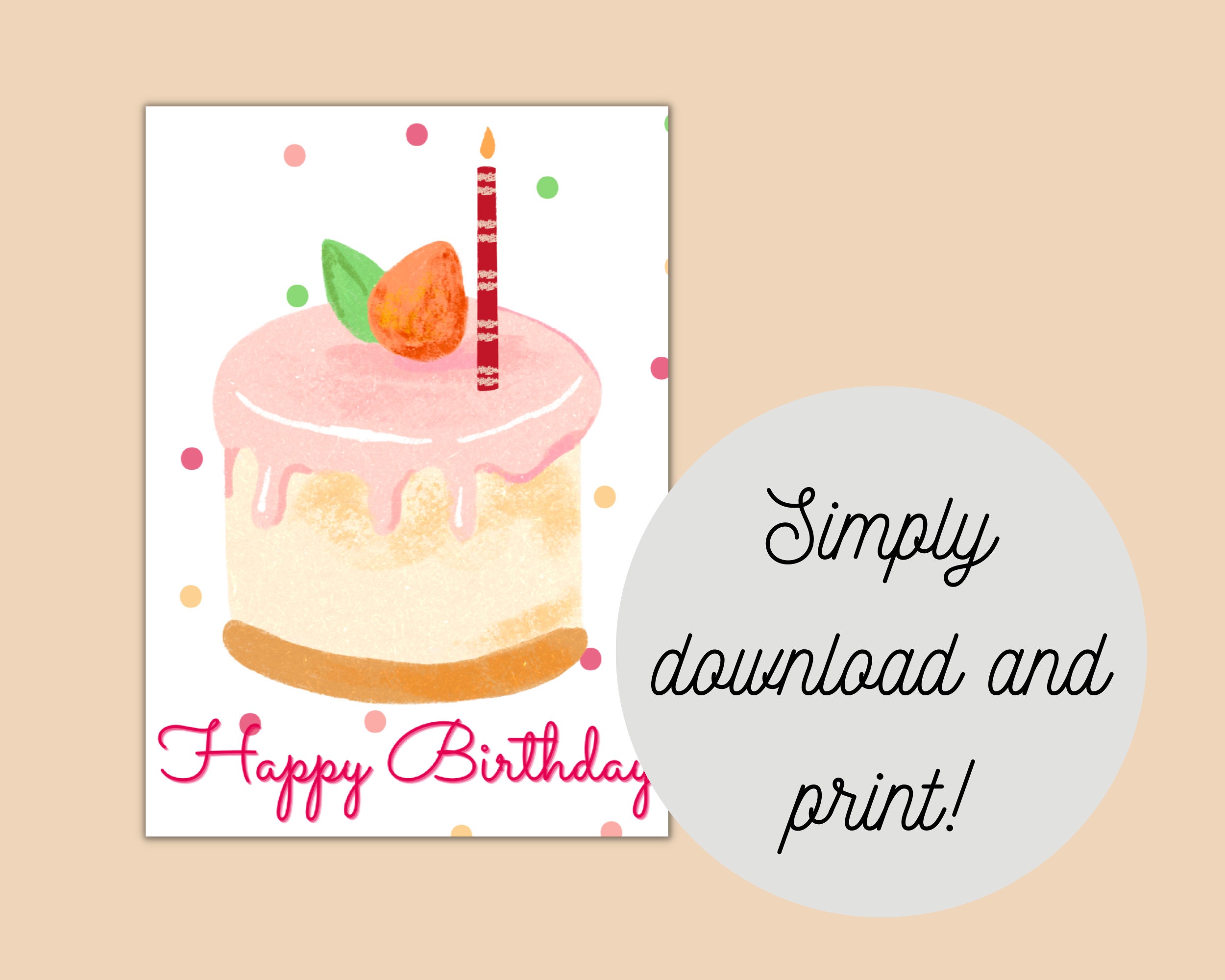Strawberry Cake Birthday Card Printable PDF Instant Download Birthday Cake Card, Cake Birthday ...