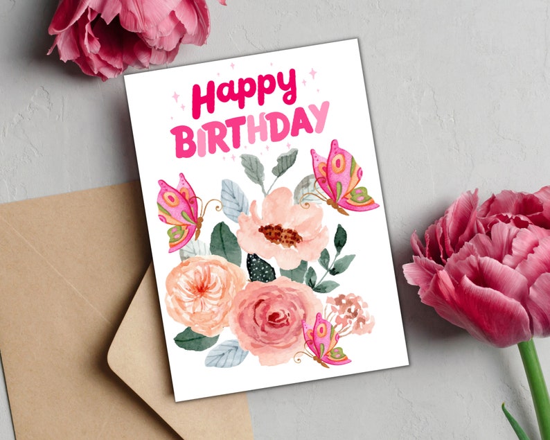 Pretty in Pink Flowers Birthday Card | PDF Instant Download, Pink ...