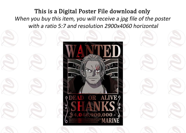 One Piece Wanted Shanks Poster Digital File JPG - Etsy