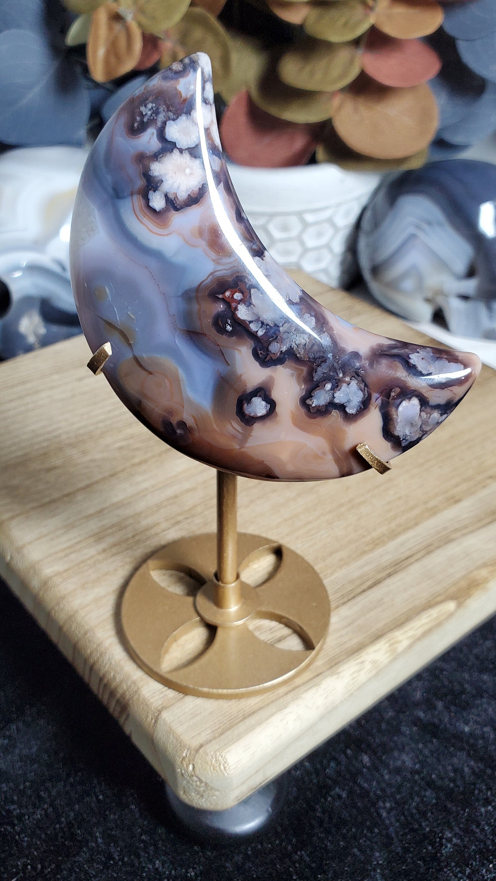 Blue Flower Agate Moons on Stands - Etsy